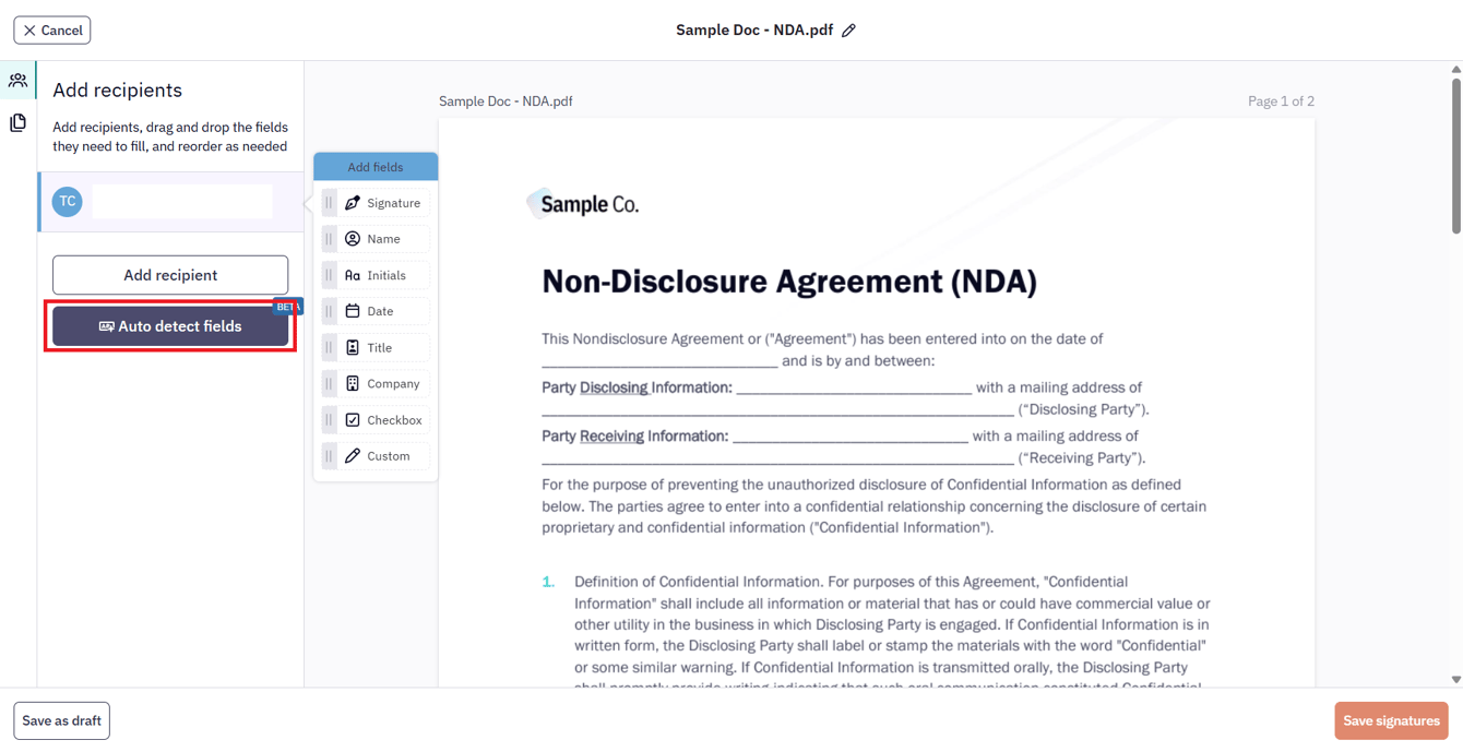 Send an eSignature Request with Auto Detect Fields