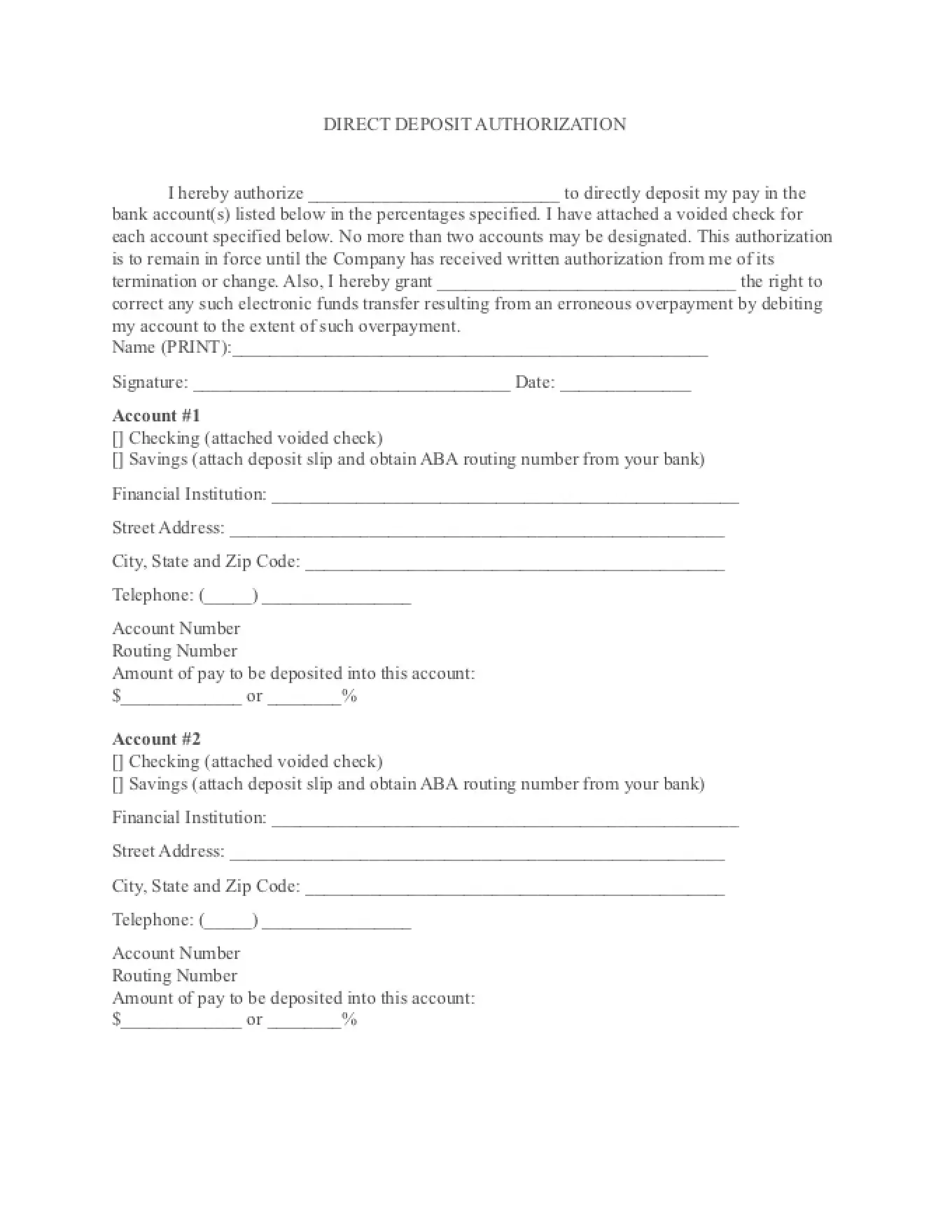 Direct Deposit Form Template