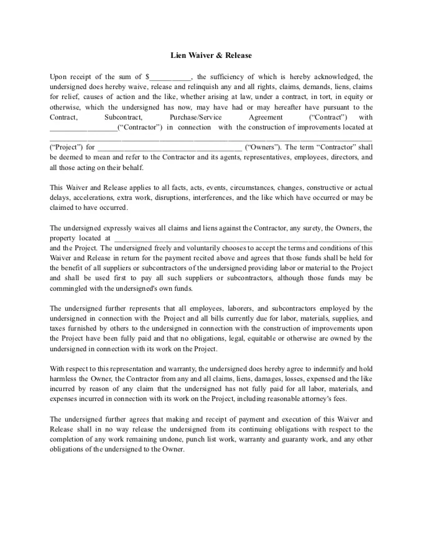 Lien Waiver Template